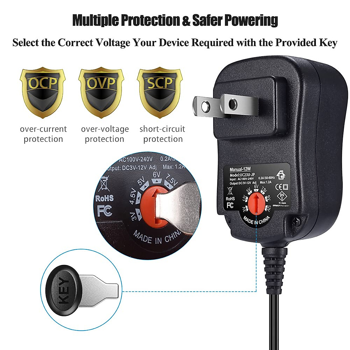 SoulBay 12W Universal AC Adapter Reversible Polarity Multi Voltage DC Power Supply, with 9pcs Adaptor Tips, Compatible with 3V to 12V Household Electronics, 1.2Amp Output