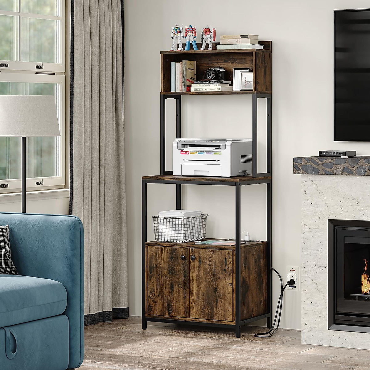 Furniouse 5-Tier Kitchen Bakers Rack with Power Outlet, Industrial Microwave Oven Stand with Storage, Kitchen Storage Shelf with Cabinet, Coffee cart, Standing Kitchen Storage Rack (Rustic Brown)