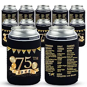75th Birthday Can Cooler Sleeves Pack of 12-75th Anniversary Decorations- 1948 Sign - 75th Birthday Party Supplies - Black and Gold 75th Birthday Cup Coolers