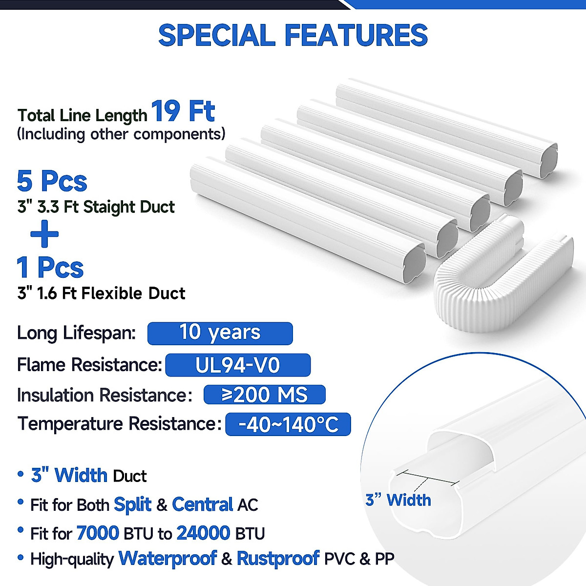Cestluck 3'' 19 Ft Mini Split Line Cover Set, PVC & PP Ductless Pipe Cover Universal for Mini Split AC & Central AC
