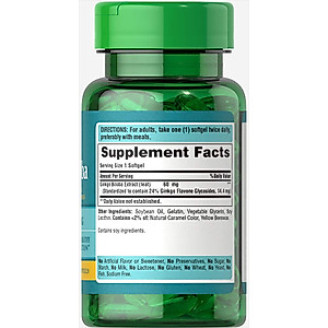 Puritan's Pride Ginkgo Biloba Standardized Extract Nootropic 60 Mg Softgels, 120 Count