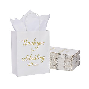 DjinnGlory 50 Pack Medium Sized White Paper Gift Bags with Tissue Paper 10x8x4 Inch, Thank You for Celebrating with Us Bags with Handles for Wedding Welcome Bridal Shower Party Favors Goodies