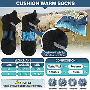 Merino Wool Ankle Hiking Socks Compression Warm Thermal Winter Thick Cushion Running Moisture Wicking No Show Socks Gifts Stocking Stuffers for Women Men 6 Pairs(Black,L)