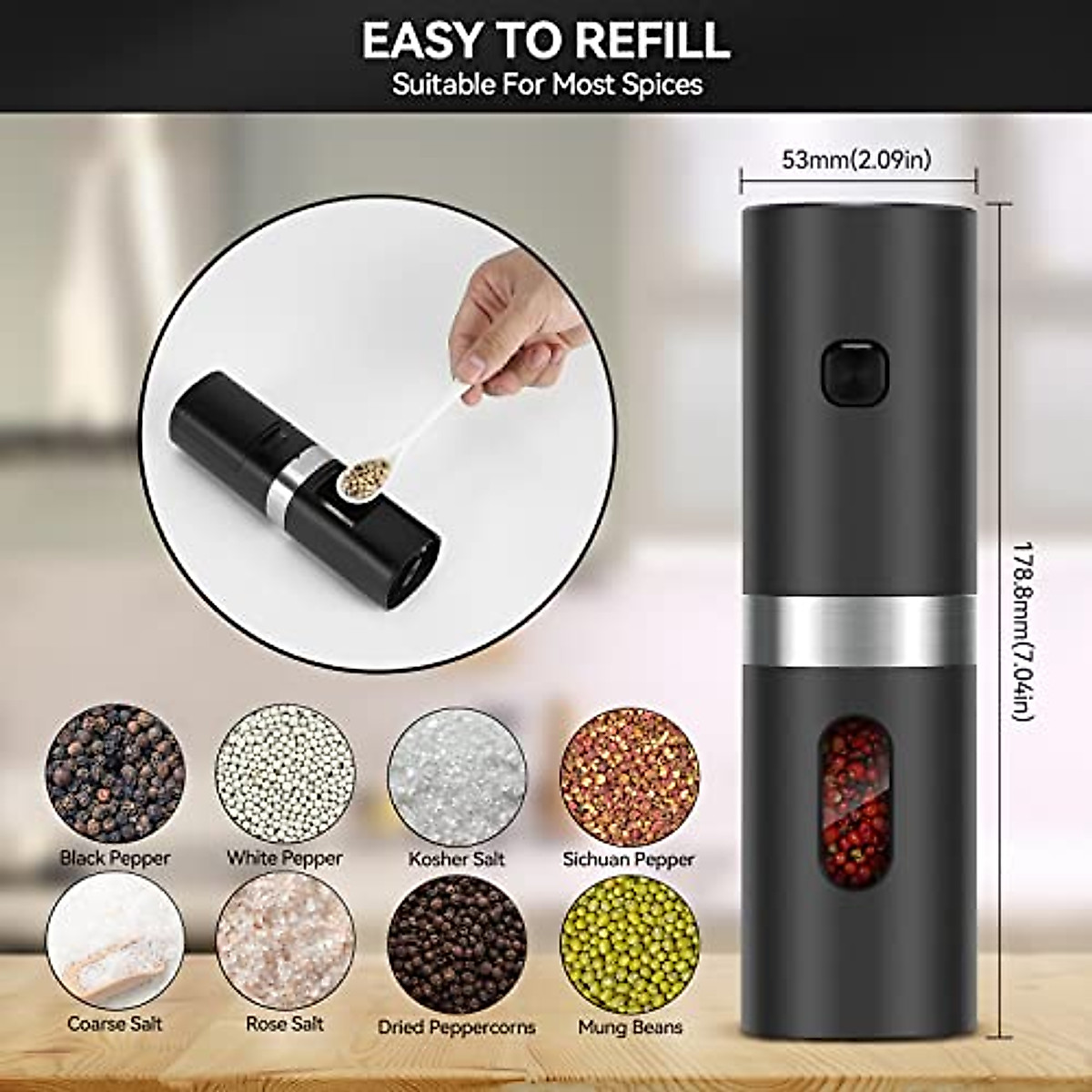 BONNIGHT Electric Salt and Pepper Grinder Set, Automatic Salt & Pepper Mill Refillable with Rechargeable Base, USB Cables, 2 Adjustable Coarseness Mills, One Hand Operation, LED Light