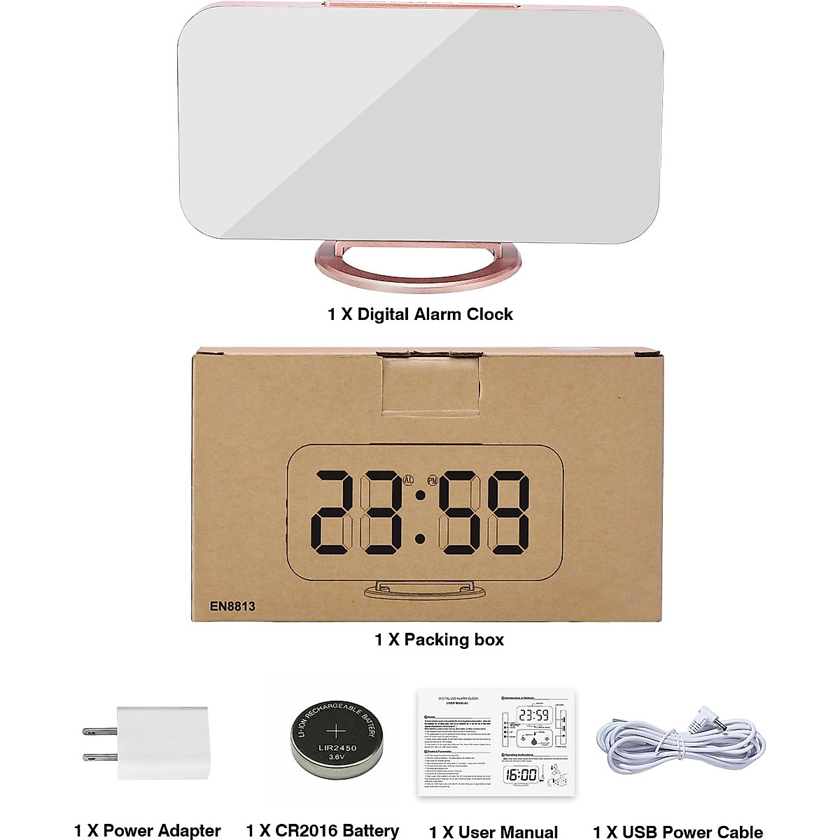 Digital Alarm Clock,7 Inch LED Mirrored Large Display, with Dual USB Charger Ports,Auto Dim,Snooze Function,Modern Desk Wall Electronic Clocks for Bedroom Living Room Office - Rose Gold