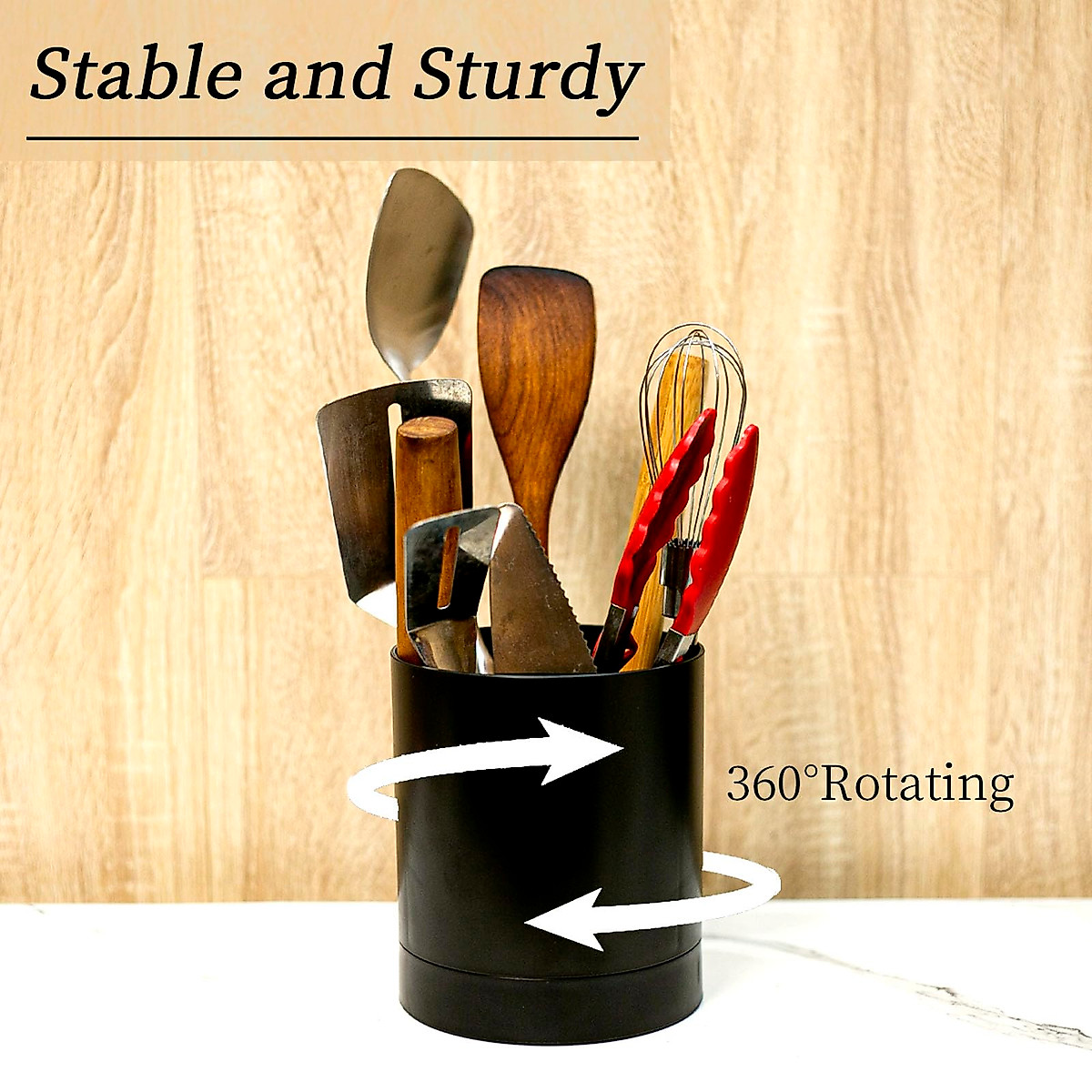 CrafArcher Large Kitchen Utensil Holder, 360° Rotating Plastic Utensil Caddy, Countertop Utensil Tools and Gadgets Organizer-Black 5.7" D x 6.5" H