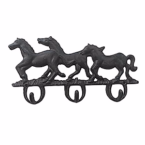 Comfy Hour 6.69" Cast Iron Three Running Horse Triple Key Coat Hooks Wall Hanger Clothes Rack Set Heavy Duty Recycled, Dark Brown, Antique & Vintage Collection