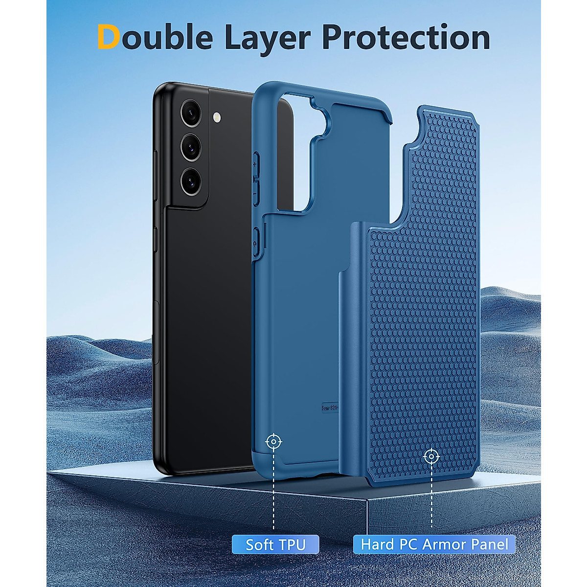 JXVM for Samsung Galaxy S21 FE Case: Dual Layer Protective Heavy Duty Cell Phone Cover Shockproof Rugged with Non Slip Textured Back - Military Protection Bumper Tough - 6.4inch (Blue Navy)