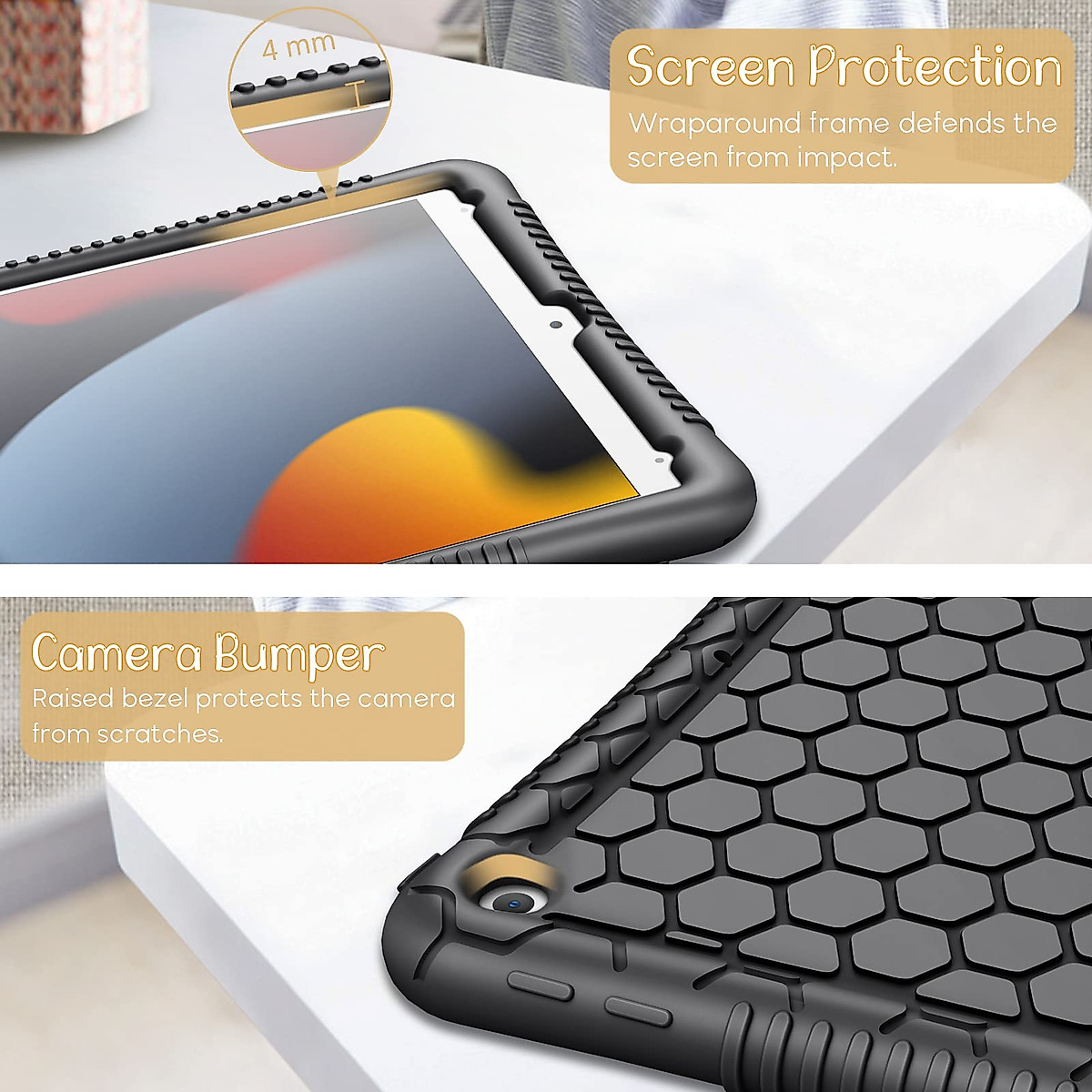 Fintie Case for iPad 9th / 8th / 7th Generation (2021/2020/2019) 10.2 Inch - [Honey Comb Series] Light Weight Anti Slip Kids Friendly Shock Proof Soft Silicone Protective Cover, Black