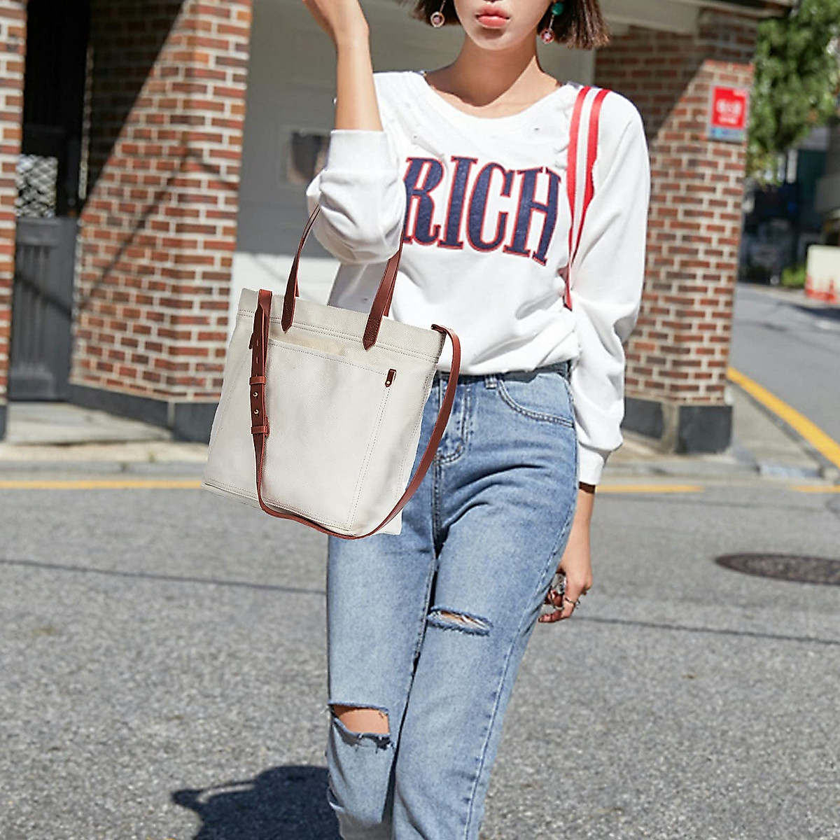 Women Canvas Tote Handbags Casual Shoulder Shopper Work Bag Crossbody (White), Beige