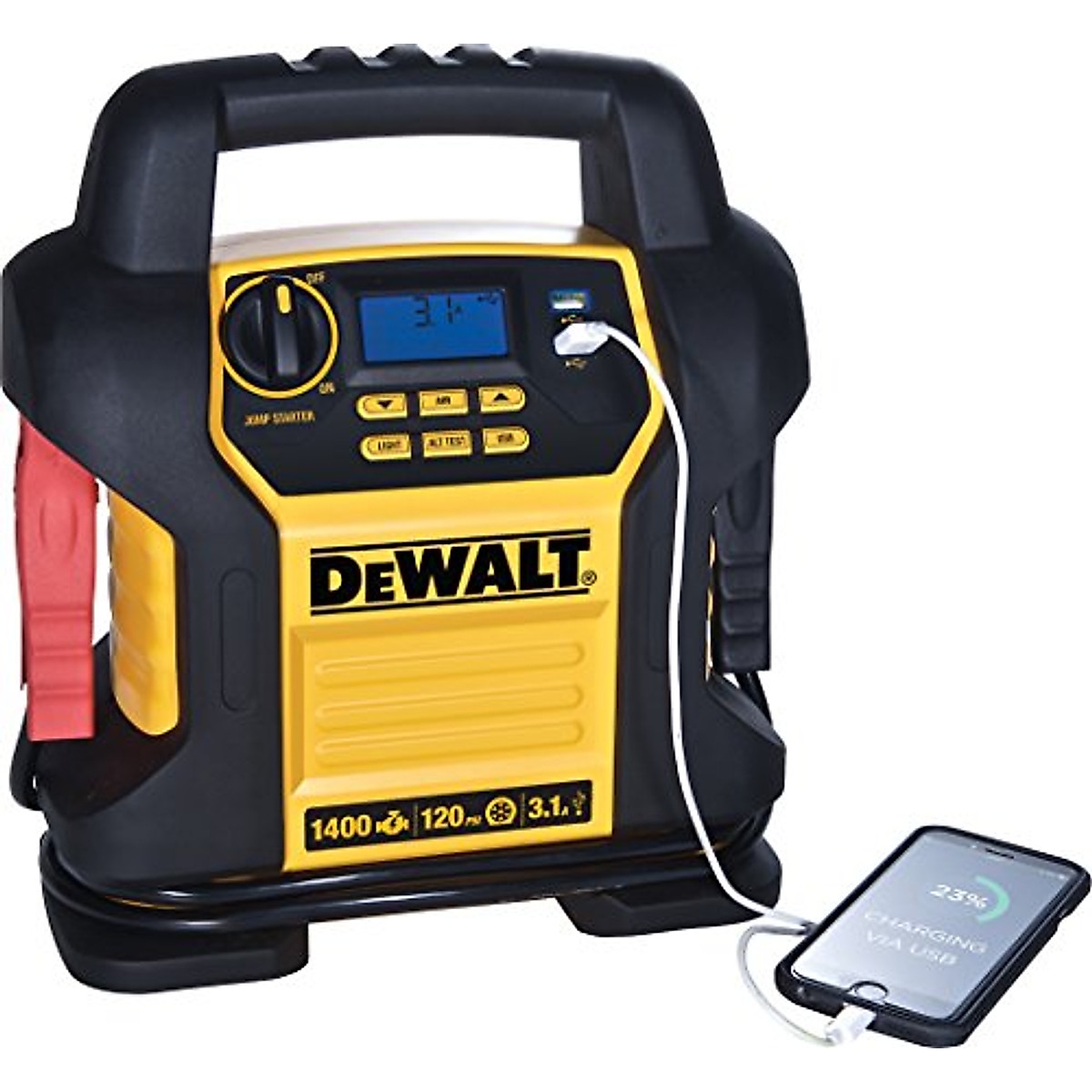 DEWALT DXAEJ14 Digital Portable Power Station Jump Starter: 1400 Peak/700 Instant Amps, 120 PSI Digital Air Compressor, 3.1A USB Ports, Battery Clamps , Yellow