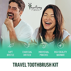 Traveling Panda Bamboo Toothbrushes Soft Bristles Charcoal Infused, Travel Toothbrush Kit, Essentials for on The Go Teeth Brushing, 10 Large Brushes