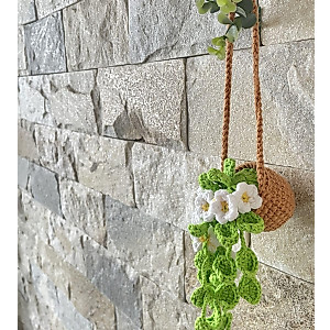 Car Mirror Hanging Accessories ， Car Rearview Mirror Decor，Cute Crochet Orchid Hanging Ornament for Women, Pendant Plant for Gift-Handmade Knitted(White Flowers)