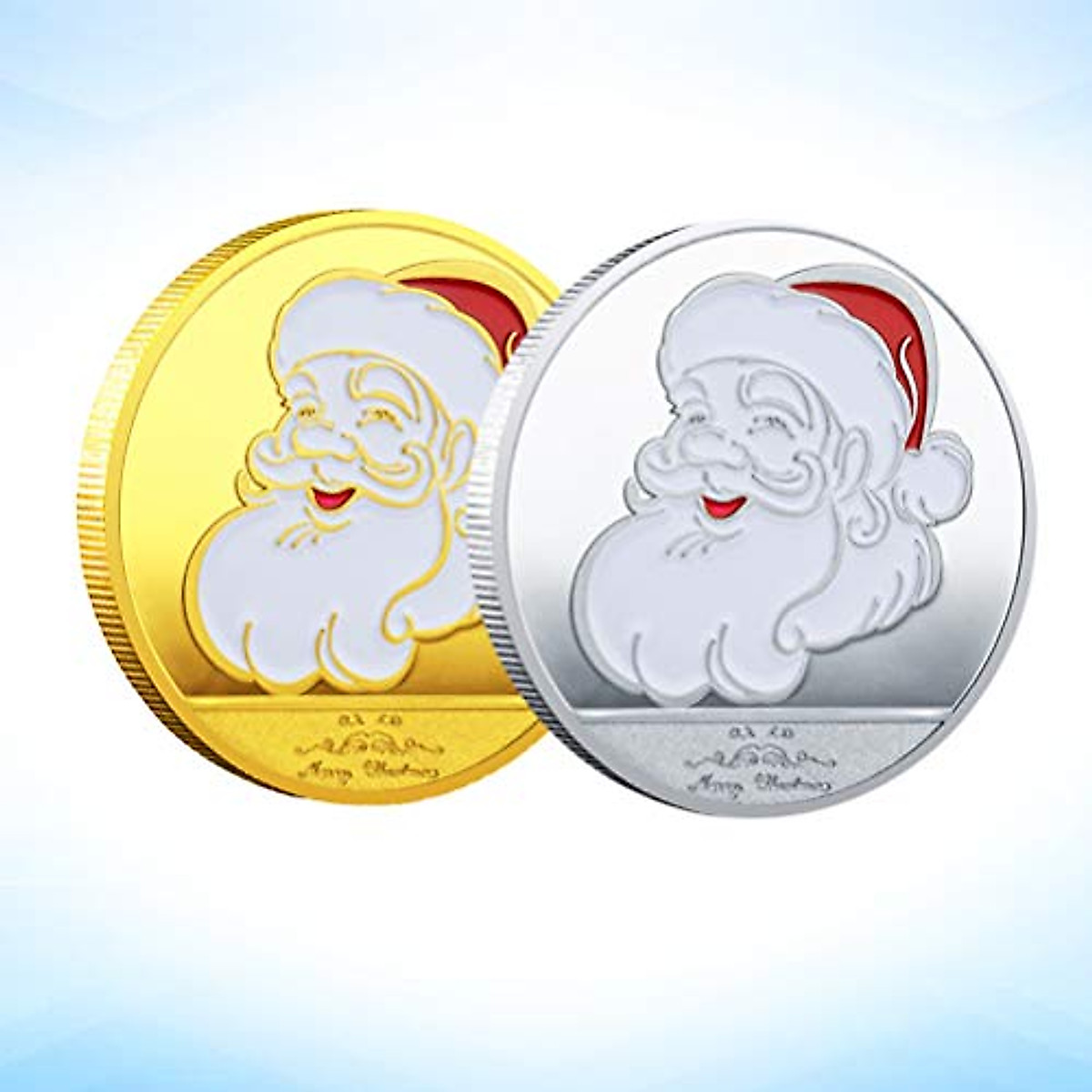 Amosfun 2pcs Christmas Challenge Coins Silver Santa Claus Coins Commemorative Coins Collection Arts Christmas Party Favors Gifts (Silver + Golden)