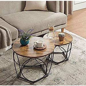 Round Coffee Table, Modern Coffee Table Set of 2 Wooden Surface with Metal Frame, Small Side Table, End Table for Living Room, Bedroom, Home Office, Farmhouse, Rustic Brown and Black