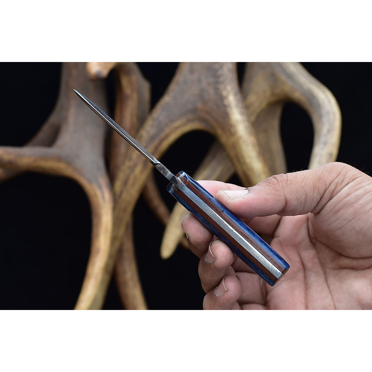 Knives Ranch Handmade Damascus Steel Full Tang 5-1/2" Cowboy Style Dandy Knife with Blue Dyed Cattle Bone Handle and Horizontal Carrying Crossdraw Sheath Snug Fit (2006-BLU)