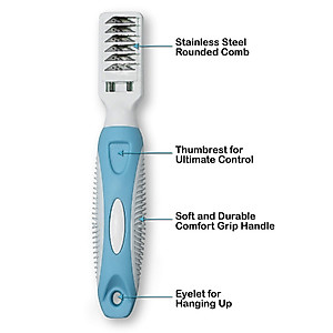 Pets First Professional Pet Mat Remover - Dematting Tool for Grooming Cats & Dogs - Removes Matted Fur, Tangles, Knots, Loose Hair & Dirt - Stainless Steel, Gentle Teeth, Soft Comfort Grip Handle,Blue