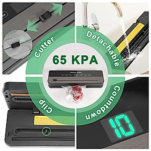 Chidoyii Vacuum Sealer Machine Dry & Moist Food Modes, 6-in-1 Compact Detachable Food Sealer Vacuum Sealer, Build-in Cutter and Countdown with 20 Vacuum Seal Bags