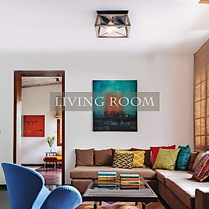 VILUXY Retro Industrial Rectangle Flush Mount Ceiling Light Fixture with Wood Shade for Hallway, Entryway, Passway, Dining Room, Bedroom, Balcony Living Room Two-Light