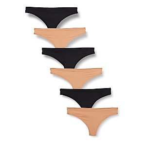 Amazon Essentials Women's Thong Underwear (Available in Plus Size), Pack of 6, Black/Washed Bronze, X-Small