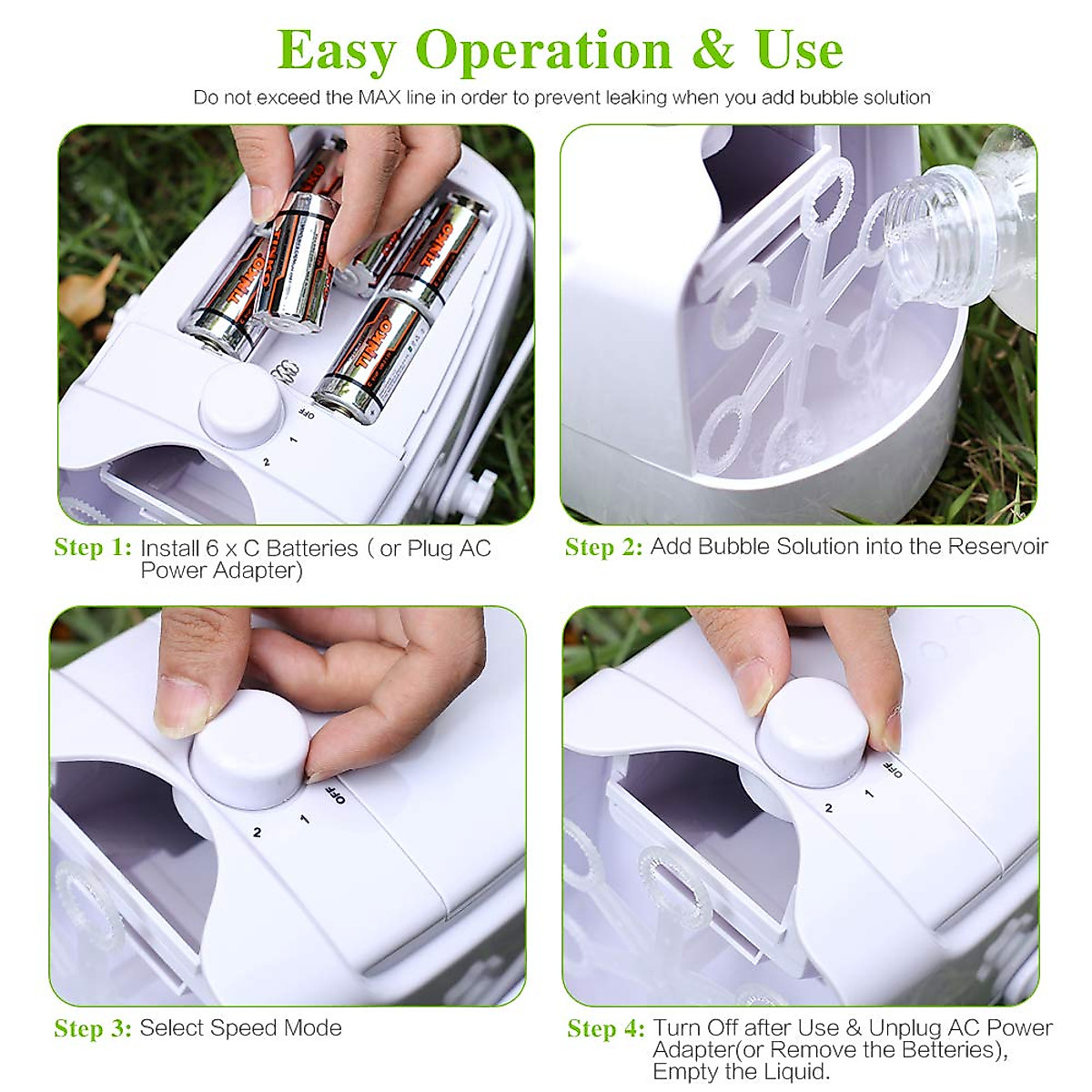 EASYCEL Bubble Machine, Automatic Bubble Blower Machine, Portable Bubble Maker for Outdoor and Indoor Use, Powered by Plug-in or Batteries with Two Speed Modes (White)