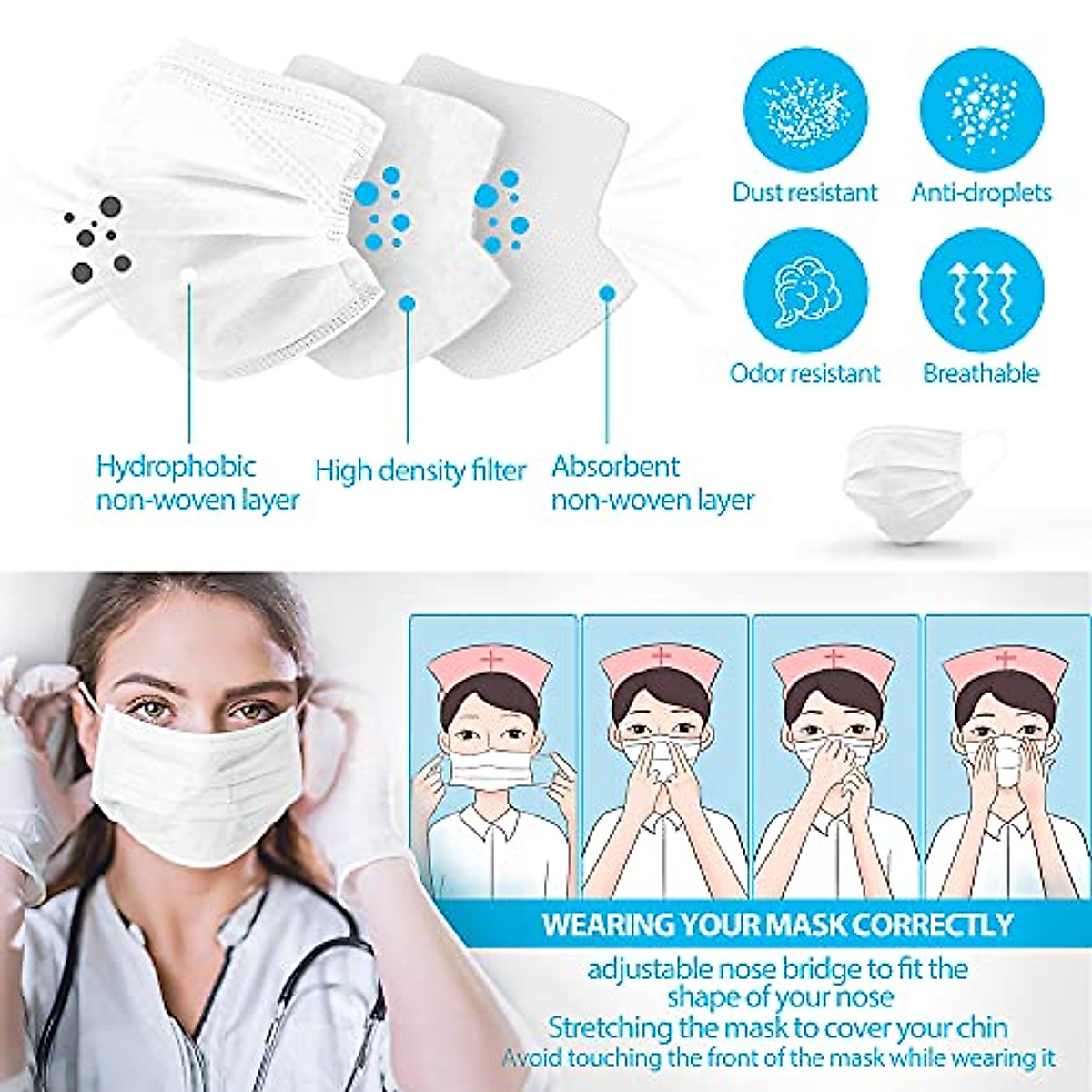 SkyPro 50PCS Medical Grade Procedure Masks, Adult 3 Ply Disposable Hypoallergenic White Face Masks with Elastic Ear Loop Filter Efficiency Greater than 99% Breathable for Hospital