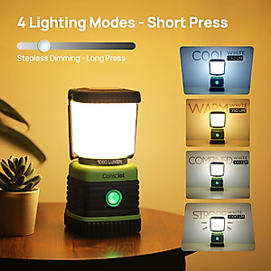 LED Camping Lantern Rechargeable, Consciot Camping Lights, 1000LM, 4 Light Modes, 4400mAh Power Bank, IPX4 Waterproof, Dimmable Tent Lights for Emergency, Power Outages, USB C Cable Included, 2 Pack