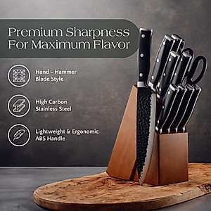 OrGREENiC Hammered High Carbon Steel Knife Set - Non-Stick Tsuchimi Blade Texture, Ergonomic Handle, Professional Sharpness for Precision Cutting - Includes Chef, Bread, Utility, and Steak Knives