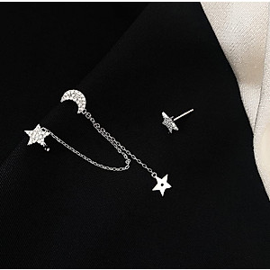 SLUYNZ 925 Sterling Silver Cuff Earrings Chain for Women Asymmetric Star Moon Earrings Crawler Earrings Dangling Chain (A-Silver)