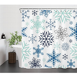 LB Blue Green Snowflake Shower Curtain for Bathroom, Farmhouse Christmas Holiday Winter Fabric Shower Curtain with Hooks, New Year Modern Abstract Bathroom Curtain Shower Set, 72" W x 72" L