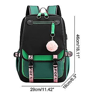 JiaYou Teenage Girls' Backpack Middle School Students Bookbag Outdoor Daypack with USB Charge Port (21 Liters, Green Black)