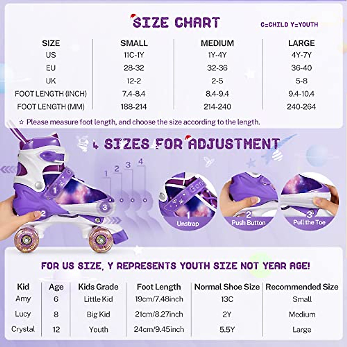 Gonex Roller Skates for Girls Kids Boys Women with Light up Wheels and Adjustable Sizes for Indoor Outdoor (Purple, L - Youth (4Y-7Y US))