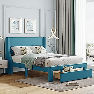 LCH Upholstered Platform Bed with a Big Drawer, Full Size Velvet Upholstered Platform Bed Frame with Headboard and Wood Slats Support, Full Size Storage Bed Frame for Boys Girls, Blue