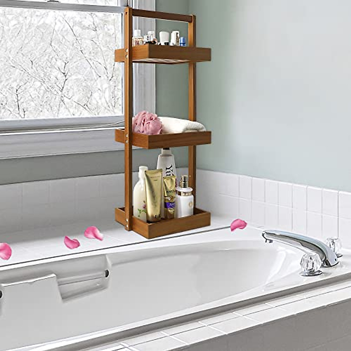 Utoplike Teak Wood Shower Caddy Corner, 3 Tier Standing Shower Organizer with Handle, Bathroom Stand Up Shower Shelf Caddy Basket for Shampoo, Rack for Inside Shower, for Bath, Office, Kitchen Desktop