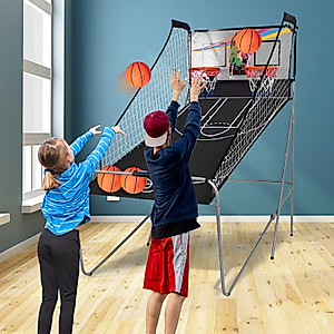 Goplus Foldable Dual Shot Basketball Arcade Game, Basketball Hoop Game w/Electronic Scoring, 8 Game Modes, 4 Balls, Indoor Outdoor Electronic Basketball Game Machine for Kids Adults (Black)