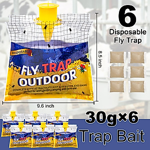 Glovv 6 Pack Disposable Fly Traps Outdoor Hanging, Fly Trap Bags with Natural Attractant Bait, Flying Insect Trap and Bug Catcher Control Flies in Barn Farm or Ranch, Patio