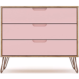 Manhattan Comfort Rockefeller Mid-Century Modern 3-Drawer Bedroom Dresser, Natural, Rose Pink Finish