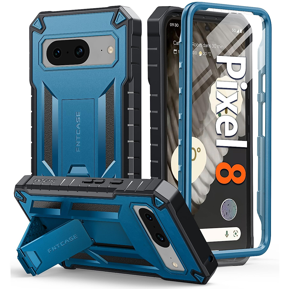 FNTCASE for Google Pixel 8 Case: Military Grade Shockproof Rugged Protective Phone Cover with Kickstand, Belt-Clip Holster & Extra Front Frame, Heavy Duty Hard Pixel 8 Cell Phone Cases 5G (Blue)