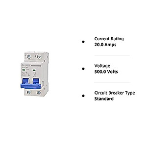 BASKER DC Circuit Breaker, 20Amp 2 Poles 500V Solar Disconnect Switch for Solar PV System Solar Panels Grid System, DIN Rail Mount, DC Breaker MCB (20A)