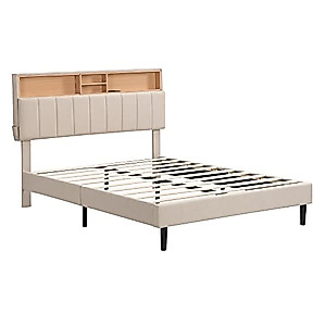 Full Bed Frame with Charge Upholstered Platform Bed with Storage Headboard, Outlets and USB Ports, No Box Spring Needed, Easy Assembly, Beige