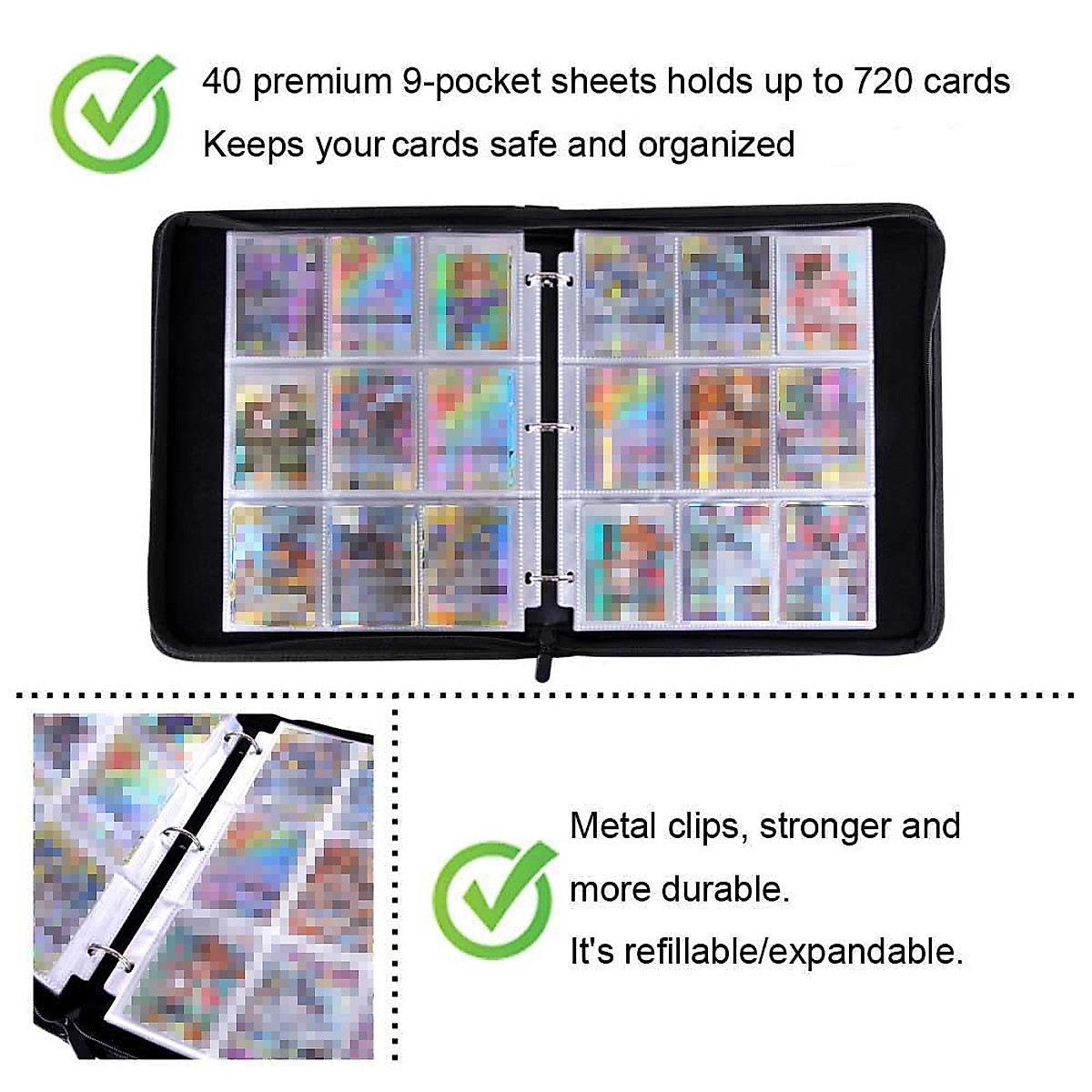 Kitguard Binder for Pokemon Card with 40 Premium 9 Pocket Card Sleeves, Trading Card Binder Book Holds Up to 720 Cards, Carrying Case Card Holder with zipper and Wristband