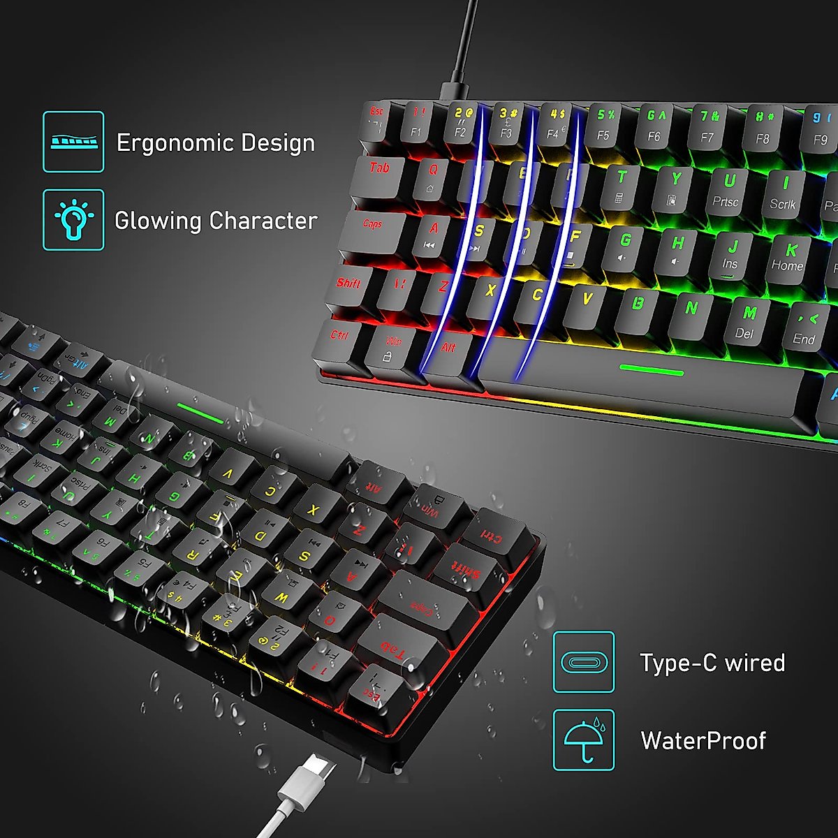 Mechanical Gaming Keyboard and Mouse Mini Wired Combo with RGB Headset Rainbow Backlight Ergonomic 62Key Anti-Ghosting Adjustable Mic 6400DPI Mice USB-C for PC Gamer Computer Typist(Black/Red Switch)
