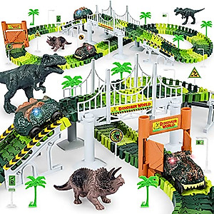 Dinosaur Tracks, 185 PCS Create A Dinosaur World Road Race for Kids Boys Toys Flexible Train Tracks Set and 2 Cool Dinosaurs Cars Dinosaur Toys for Age 3 4 5 6 7 8 Year & Up Old Boy Girls Best Gift