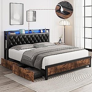 Keyluv Queen LED Bed Frame with Pu Leather Storage Headboard & 4 Drawers, Upholstered Platform Bed with 3 USB & 1 Type-C Charging Ports, No Box Spring Needed, Noise Free, Easy Assembly, Black