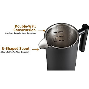 Meelio Black French Press Coffee Maker 12oz, Stainless Steel Double Wall Insulated Coffee Press with Rose Gold Metal Lid, Included 2 Extra Screens and 1 Coffee Spoon, 350ml