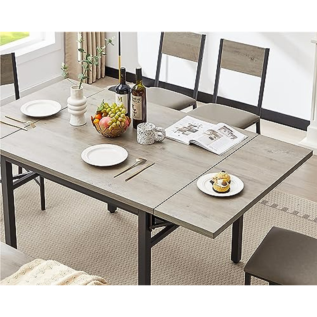 AMNOOL Folding Dining Table 1.2 Inch Thick Table Top Rectangle Retractable Dining Table with 2 Drop Leaves Adjustable Legs Desk Game Table for Dining Room Living Room Small Space (Grey)