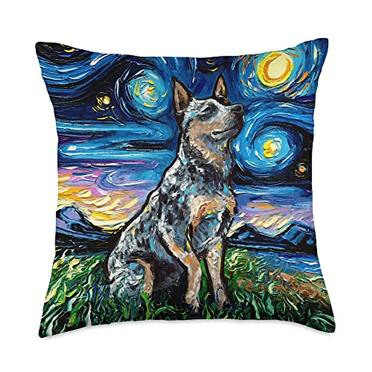 Sagittarius Gallery Blue Heeler Starry Night Australian Cattle Dog Art by Aja Throw Pillow, 18x18, Multicolor