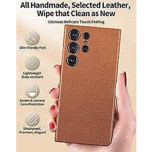 DDJ Samsung Galaxy S23 Ultra Case, Thin Full Leather Wrap, Shockproof, Classic Slim Design, Raised Screen & Camera Protection, Brown