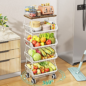 Fruit Basket for Kitchen with Wood Top 5 Tier, SAYZH Stackable Fruit and Vegetable Storage Cart, Wire Storage Basket with Wheels, Vegetable Basket Bins Rack for Onions and Potatoes, White