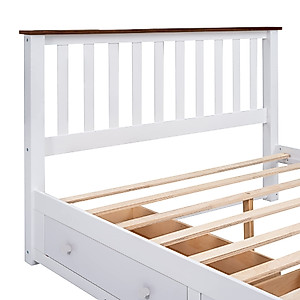 FANYE Queen Size Soild Wood Platform Bed Wooden Bedframe with Two Storage Drawers and Wood Slat Support, White+Walnut